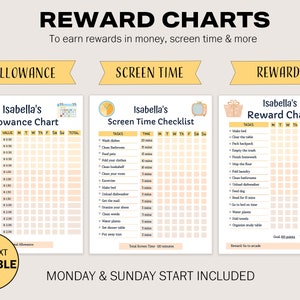 Kids Chore Chart Reward Chart Allowance Tracker Screen Time School ...