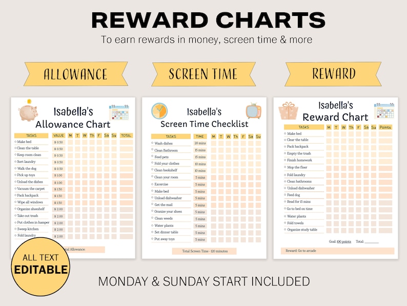 Kids Chore Chart Reward Chart Allowance Tracker Screen Time School ...