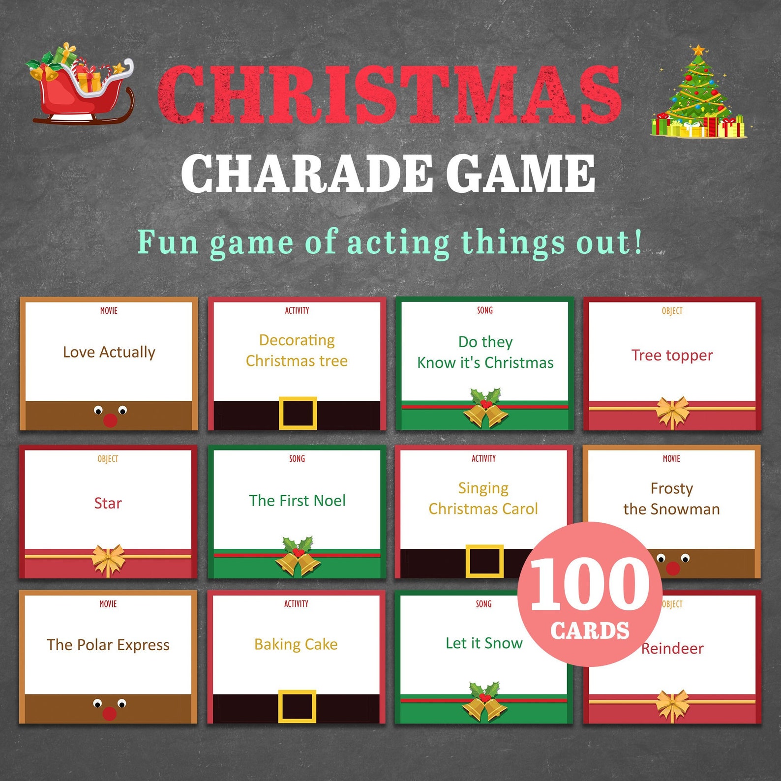 Christmas Charades Game Christmas Party Games Holiday Charades Cards ...