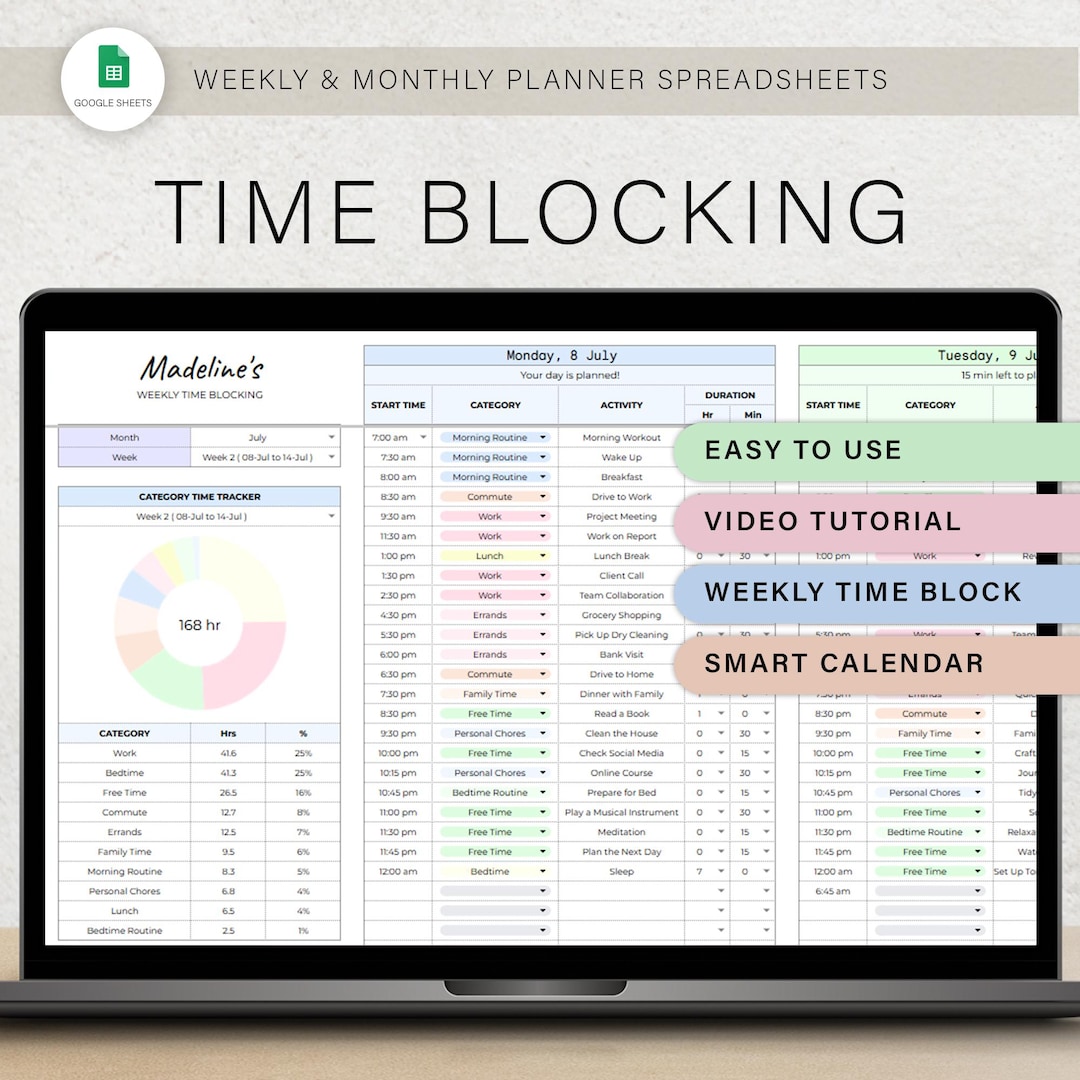 Weekly Time Blocking Planner Spreadsheet 24 Hour Weekly Schedule ...