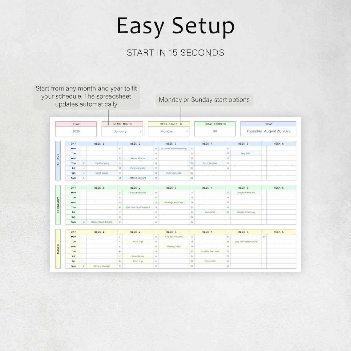 Year at A Glance Planner Spreadsheet Yearly Overview Template Monthly ...