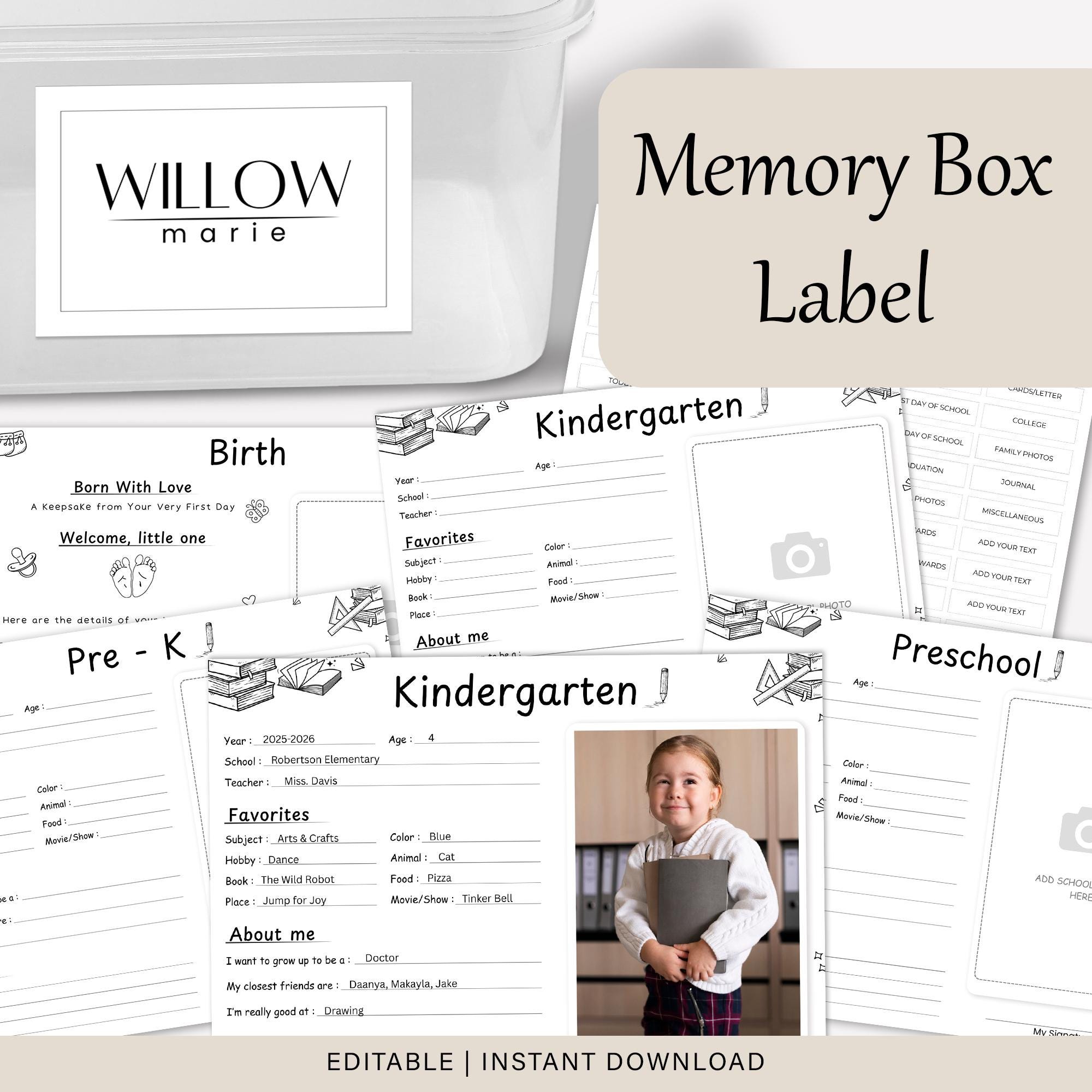Memory Box Label School Years Pages Baby Keepsake Folder File Tab Cover ...