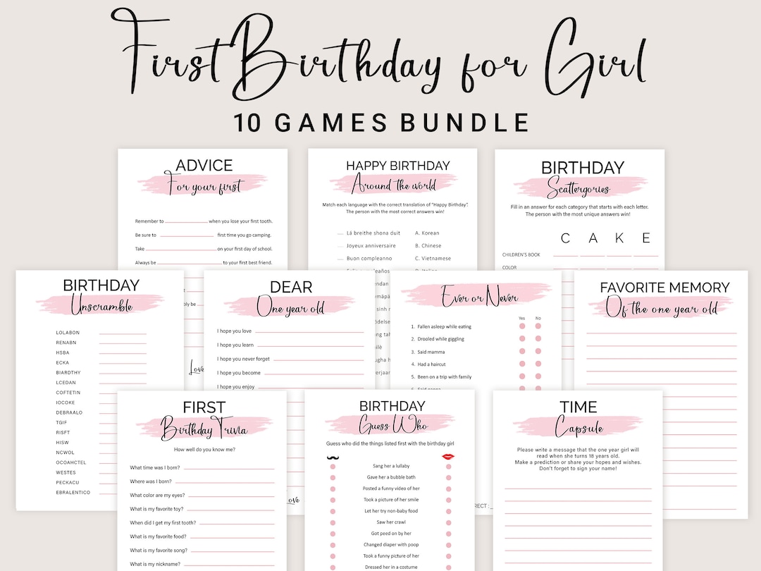 First Birthday Games Girl 1st Birthday Party Games Bundle Girl One Year ...