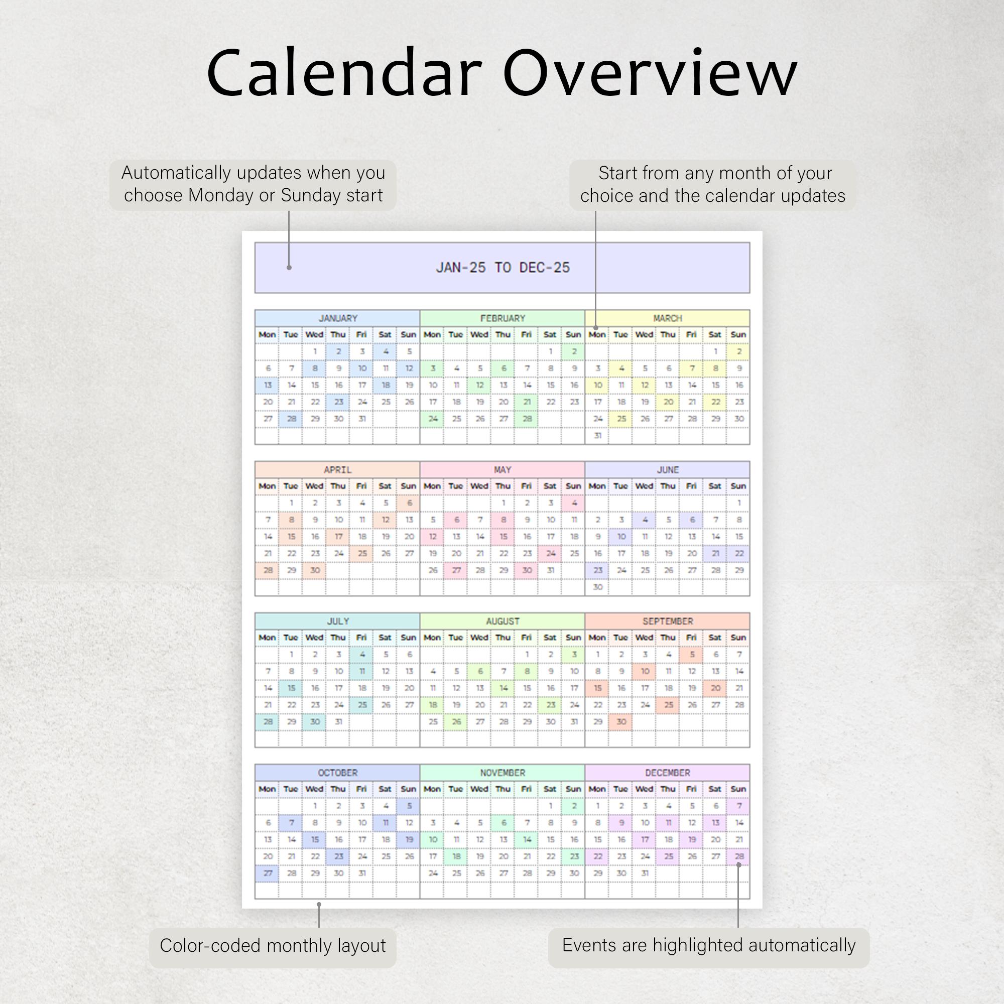Year at A Glance Planner Spreadsheet Yearly Overview Template Monthly ...