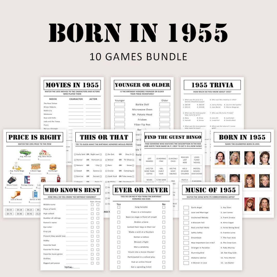 70th Birthday Games Bundle 70th Birthday Party Games 1955 Trivia Born ...