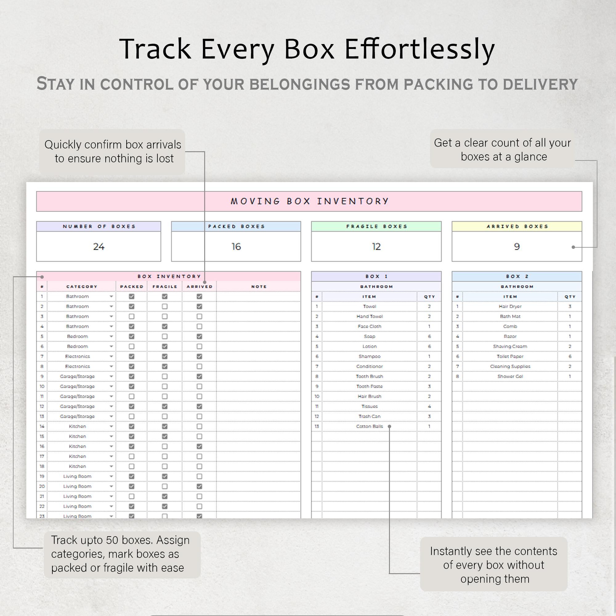 Moving Planner Moving Checklist Spreadsheet Packing Box Inventory ...