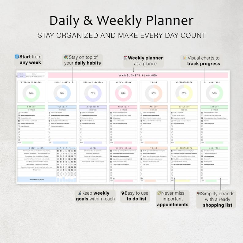 Weekly Planner Daily to Do List Spreadsheet Task Tracker Habit Tracker ...