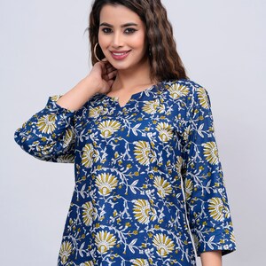 Block Printed Pure Cotton Regal Blue Tunic for Women - Indian Tunic ...