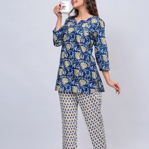 Block Printed Pure Cotton Regal Blue Tunic for Women - Indian Tunic ...