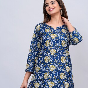 Block Printed Pure Cotton Regal Blue Tunic for Women - Indian Tunic ...