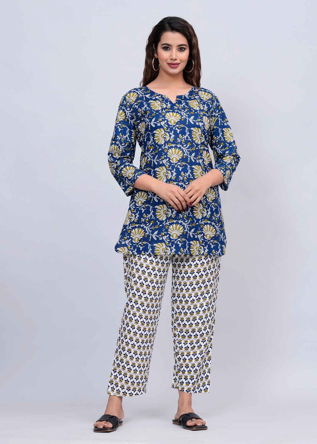 Block Printed Pure Cotton Regal Blue Tunic for Women - Indian Tunic ...