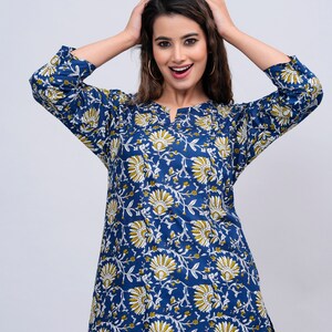 Block Printed Pure Cotton Regal Blue Tunic for Women - Indian Tunic ...