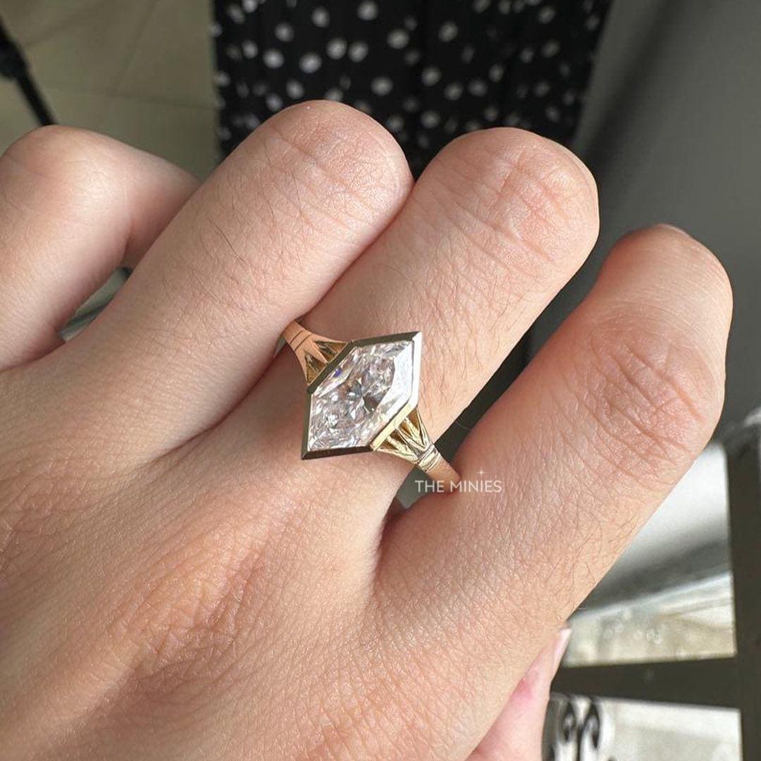 2.50 Carat Solitaire Bezel Set Moissanite Ring/ Marquise Cut Moissanite Engagement Ring/ Dutch ...