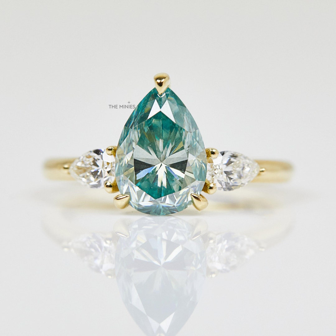 Three Stone Cyan Blue Pear Cut Engagement Ring for Her Prong Set ...