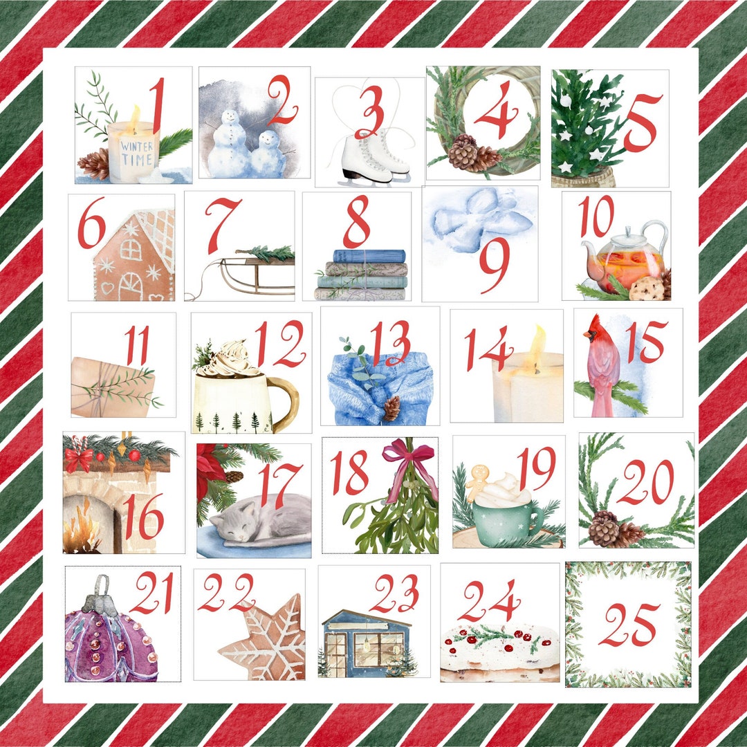 Printable Advent Christmas Calendar for December, Watercolor Christmas ...