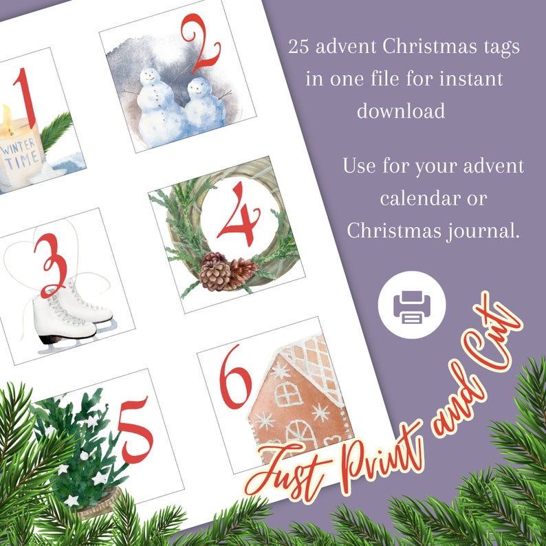 Printable Christmas Advent Calendar: Watercolor Countdown Tags (PDF ...