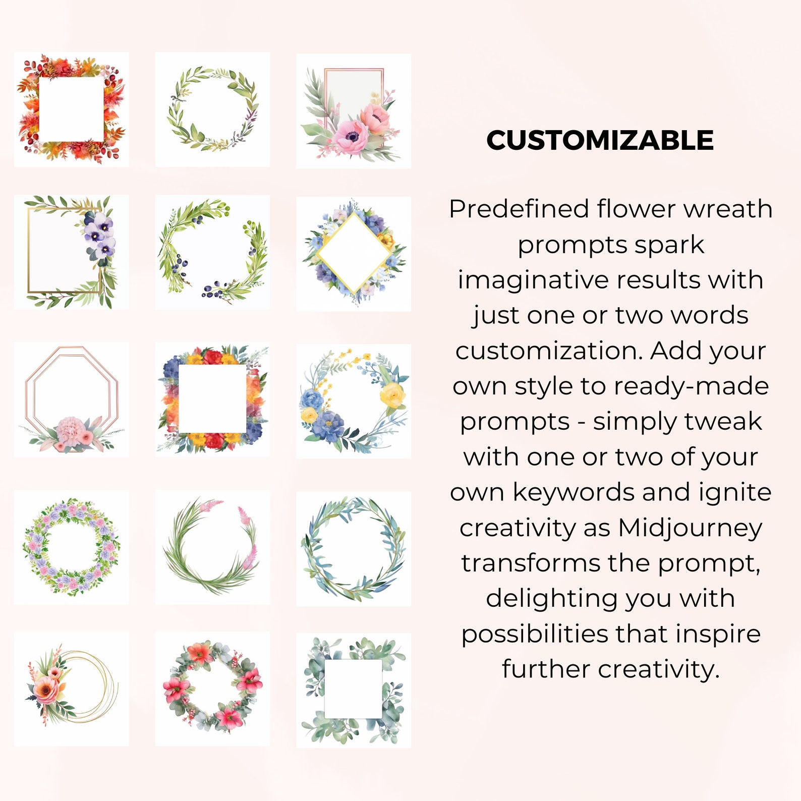 Watercolor Floral Wreath Clipart Prompts, 250 Ai Midjourney Prompts for ...