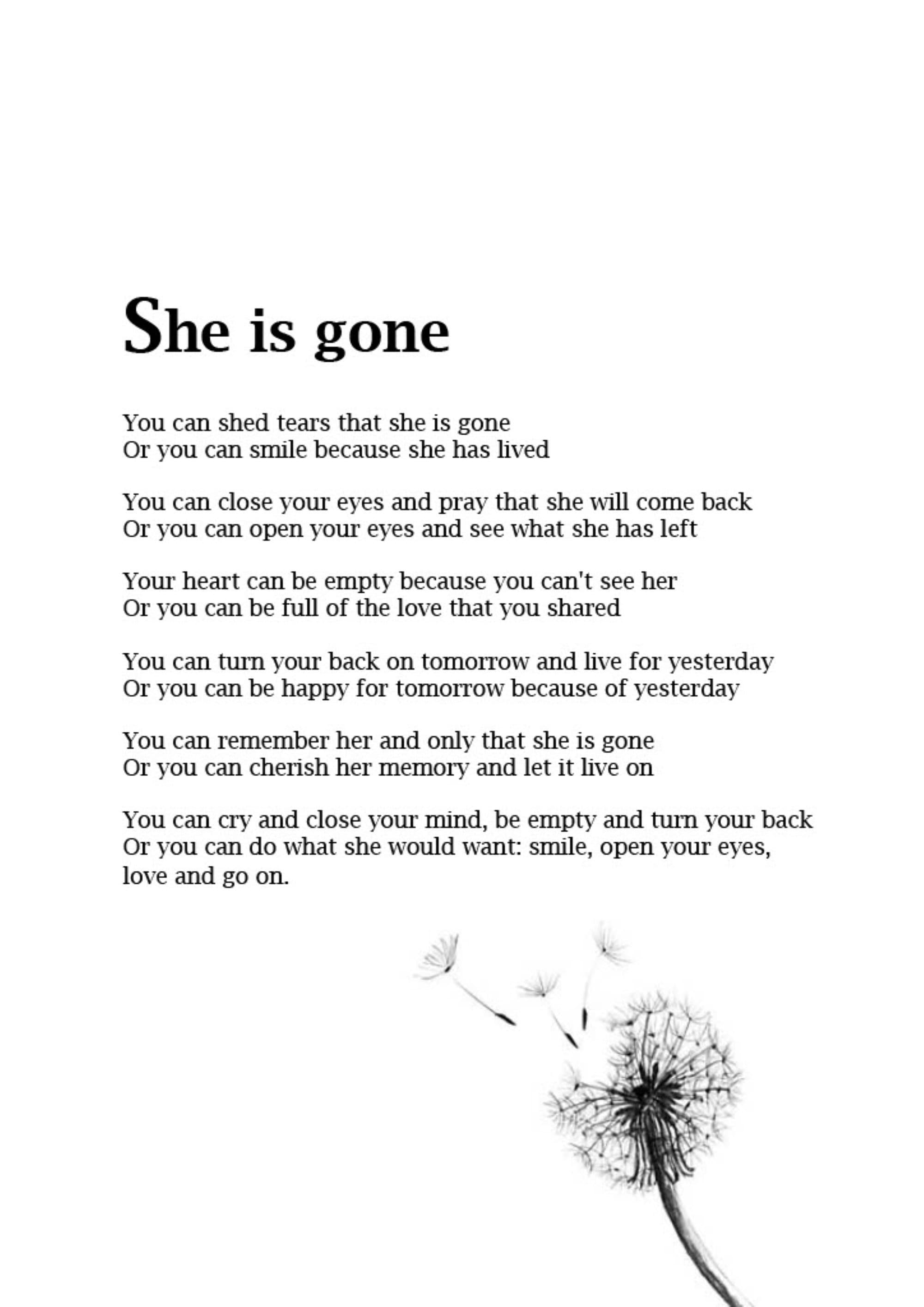 She is Gone Poem Strength Funeral Instant Download Loss of Loved One ...