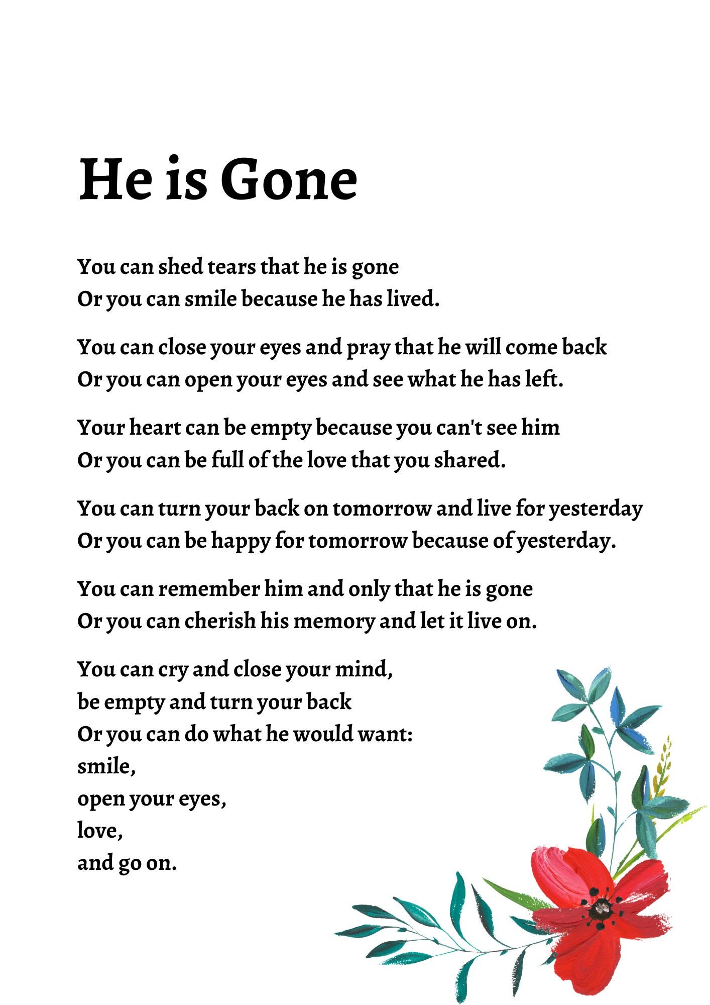 He is Gone Poem Strength Funeral Mourning Instant Download Bereavement ...
