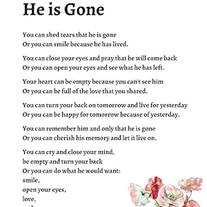He is Gone Poem Strength Funeral Mourning Instant Download Bereavement ...