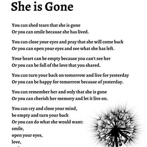 She is Gone | Poem | Strength | Funeral Mourning | Instant Download ...