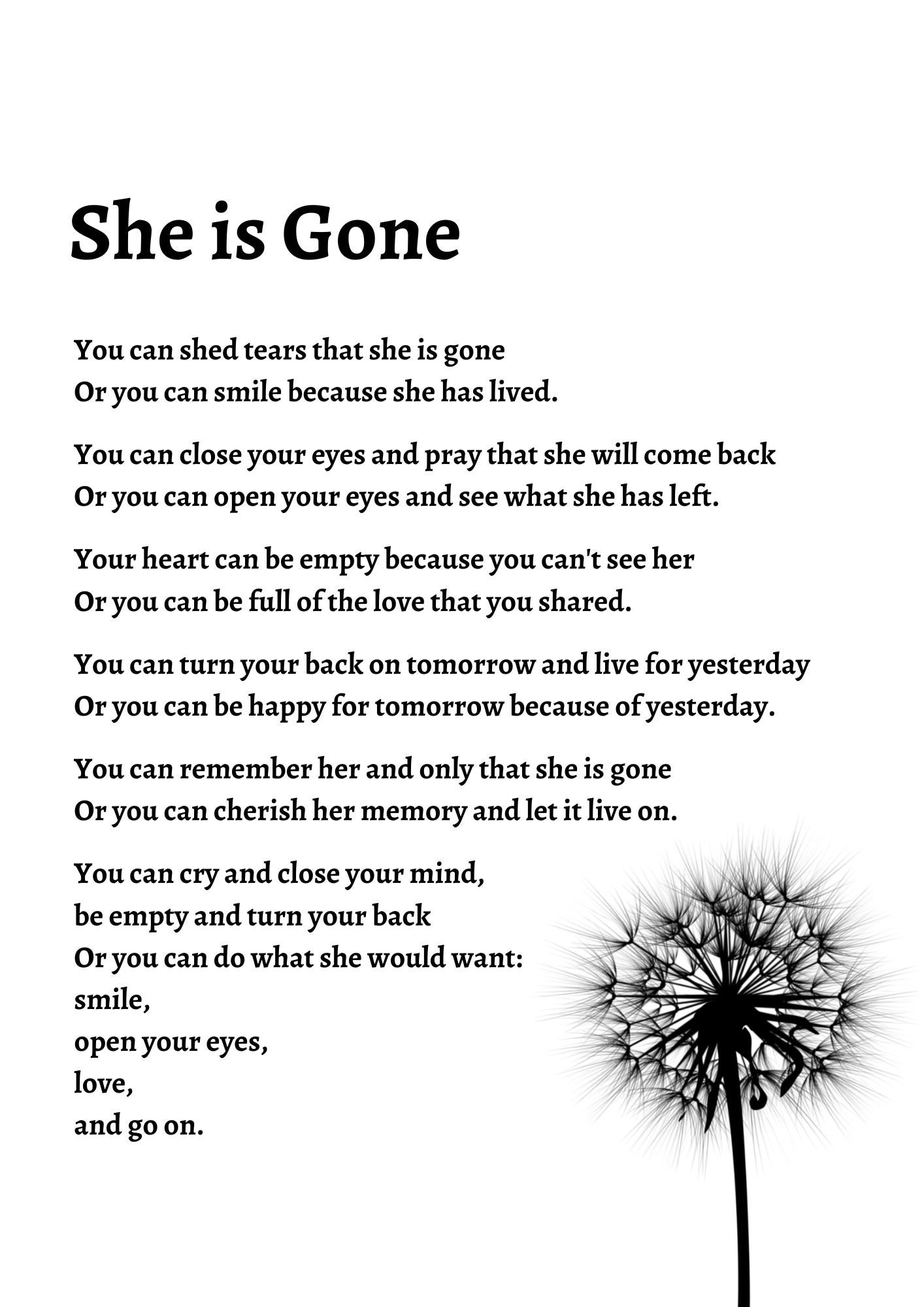 She is Gone | Poem | Strength | Funeral Mourning | Instant Download ...