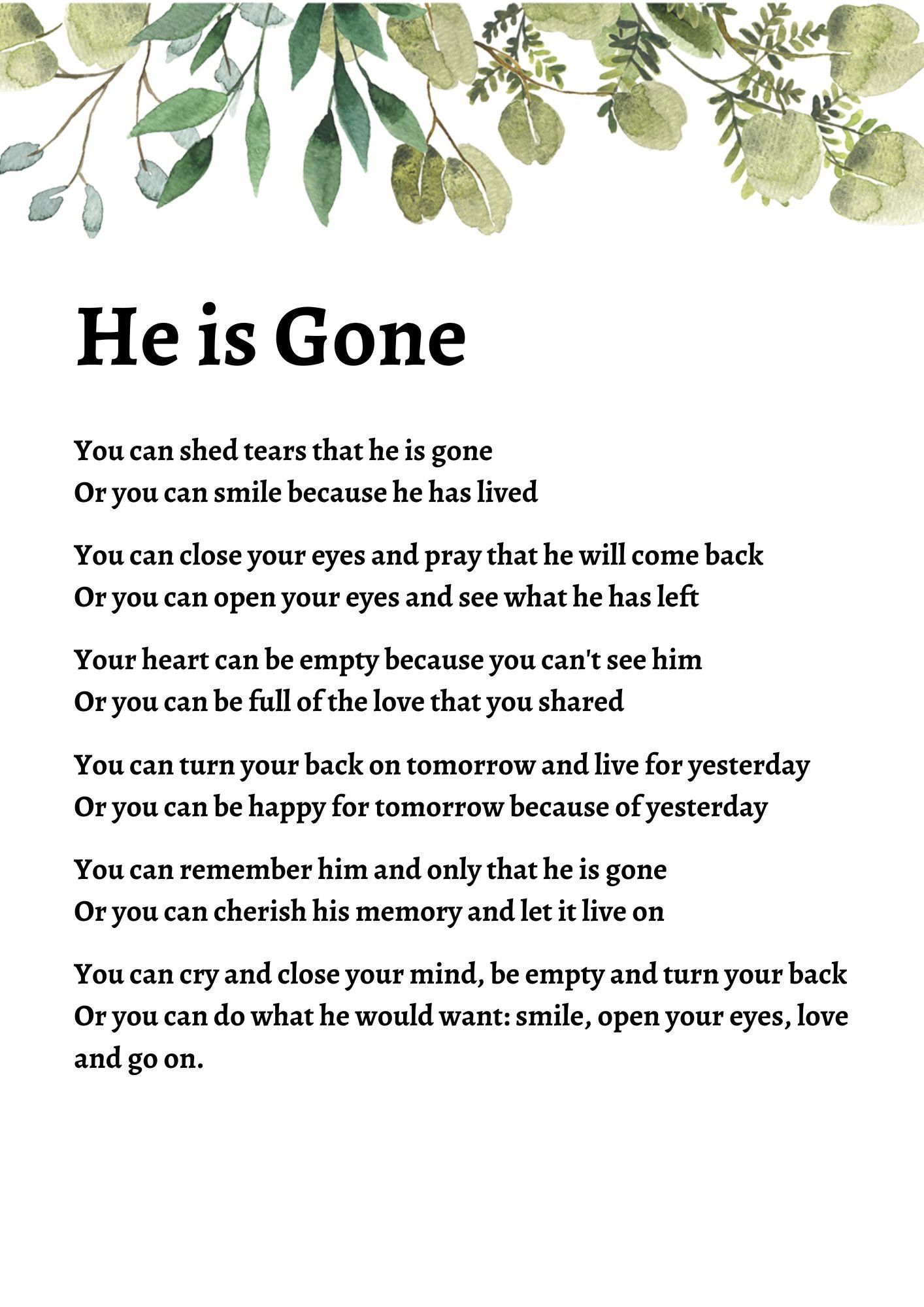 He is Gone Poem Memorial Gift Funeral Mourning Instant Download ... He is Gone Poem Memorial Gift Funeral Mourning Instant Download ...