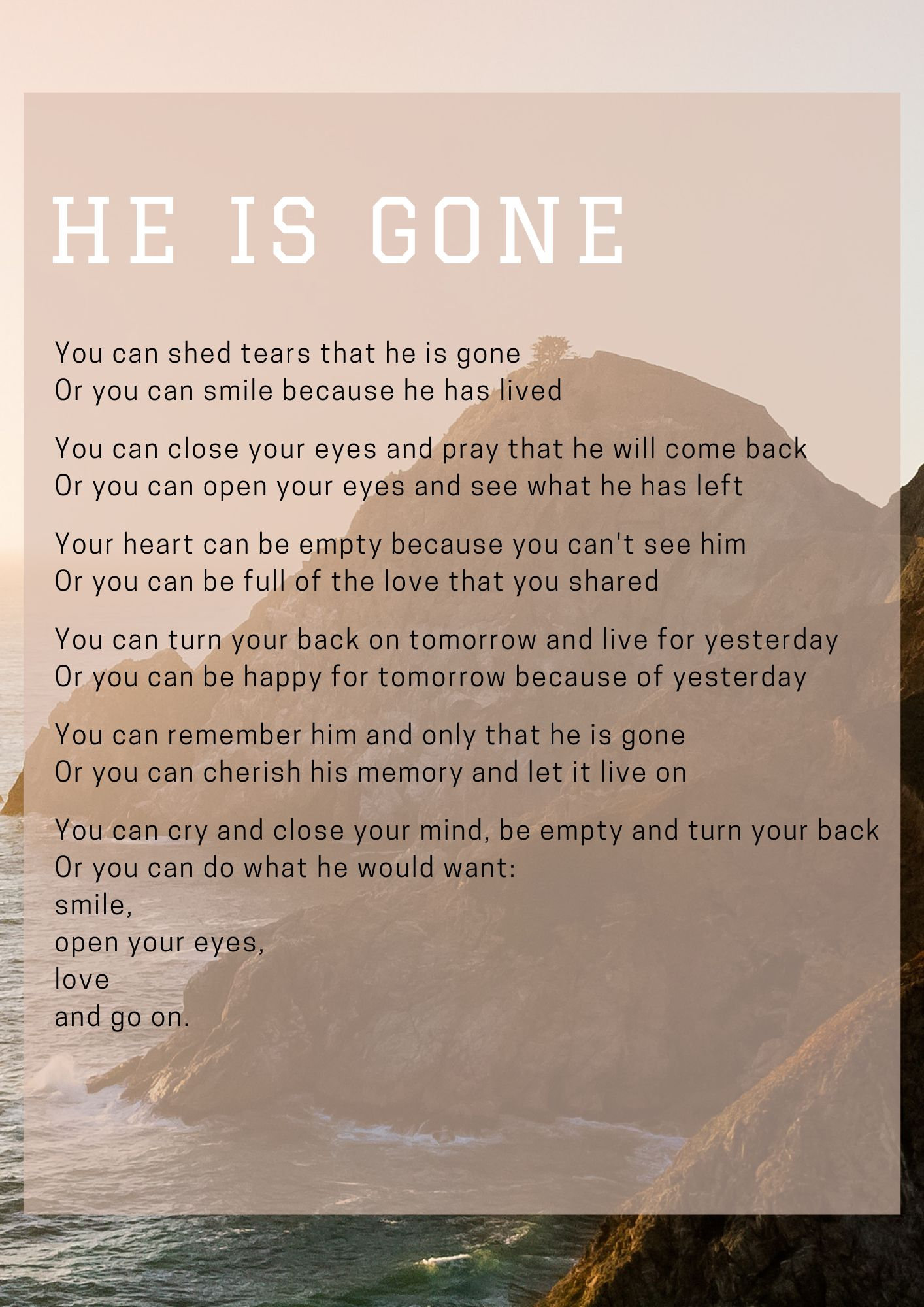 He is Gone Poem Strength Funeral Mourning Instant Download Bereavement ...
