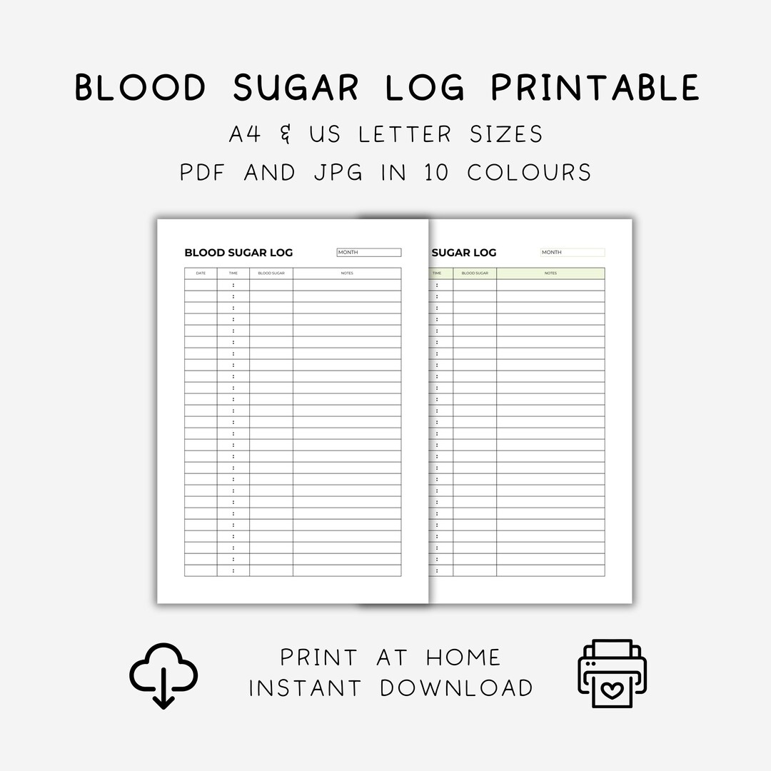 Blood Sugar Log Printable Template, Blood Glucose Tracker Instant ...