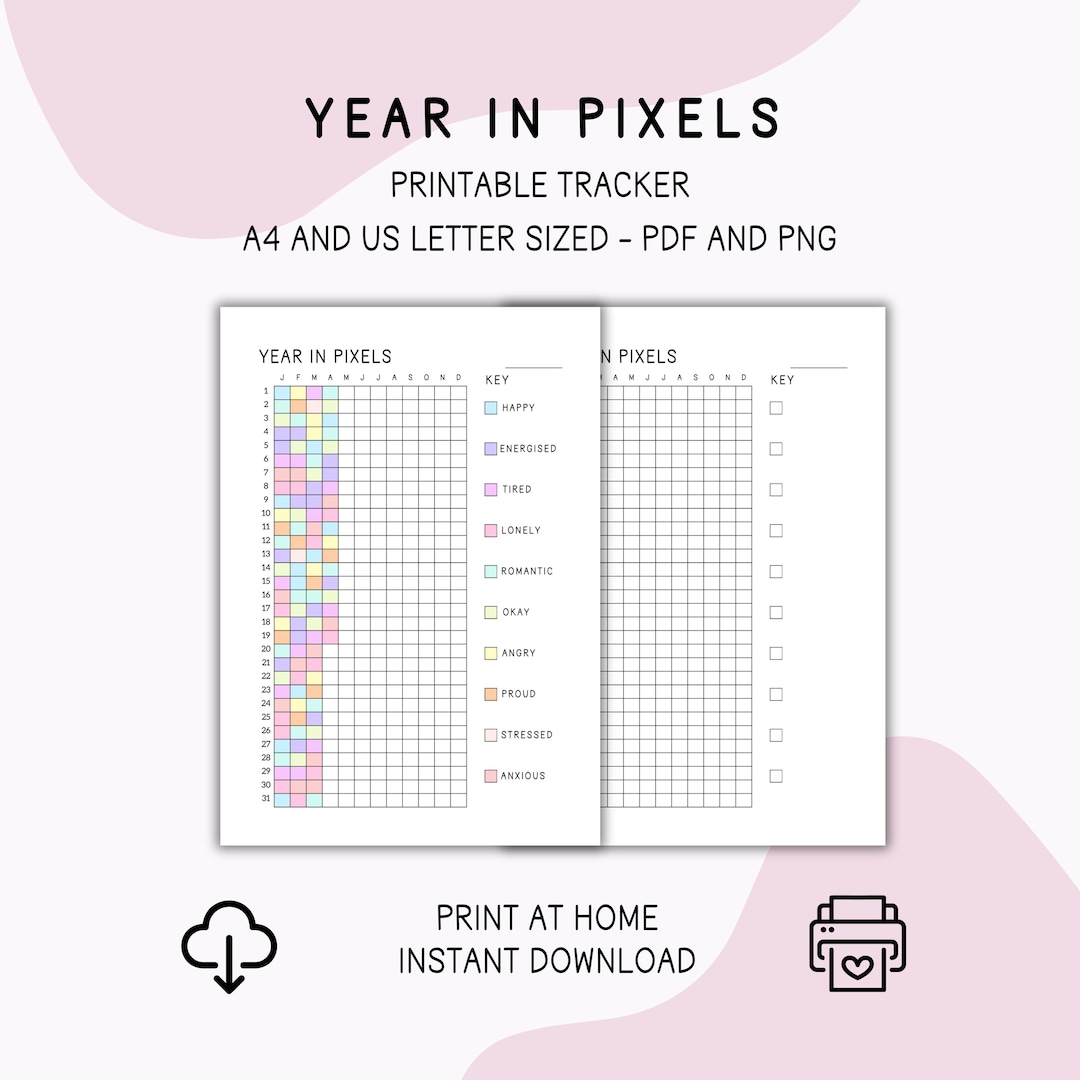 Year in Pixels Tracker Printable, Prefilled and Blank Versions, A4 & US ...