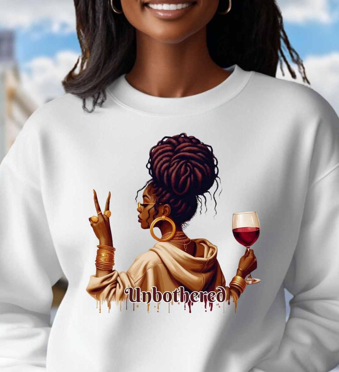 Unbothered-black Female With Messy Bun Holding Peace Sign and Wine ...