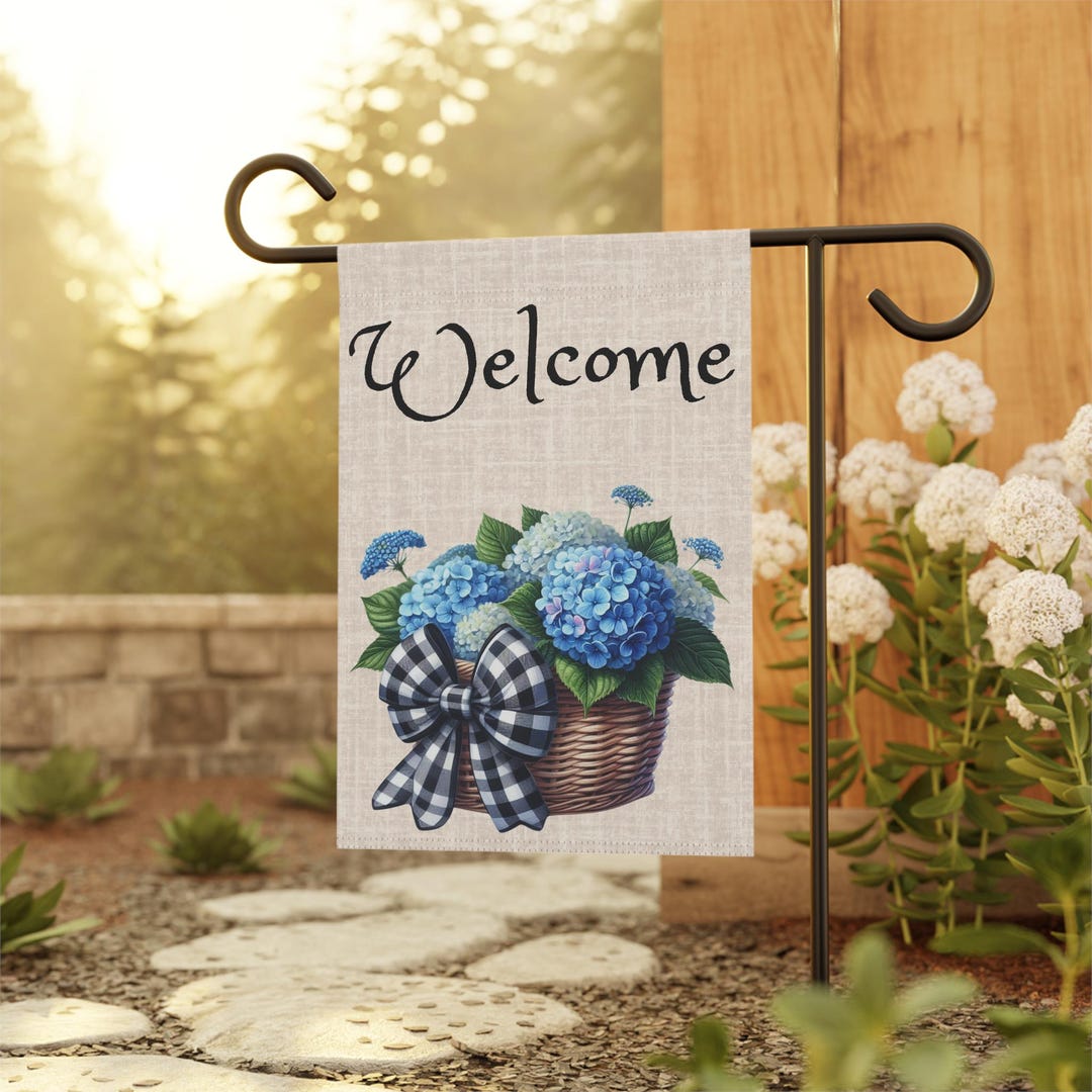 Welcome Sign With Blue Hydrangeas - Beautiful Basket Garden & House ...