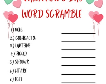 Printable Valentine's Day Word Scramble Worksheet - Etsy