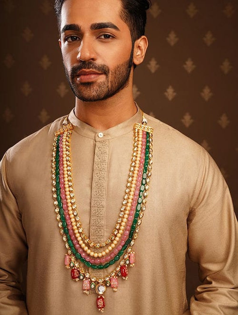 Gold Plated and Pearl Moti Dulha Necklace Chain Men Designer Groom ...