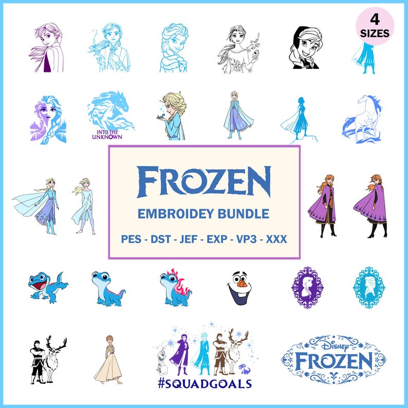 Frozen Machine Embroidery Designs Bundle, 4 Sizes Embroidery Designs Princess Elsa, Anna, Olaf ...