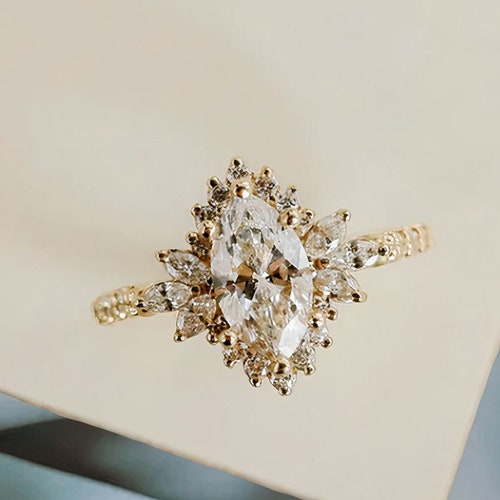 Marquise Diamond Unique Engagement Ring 14K Rose Gold Vintage - Etsy