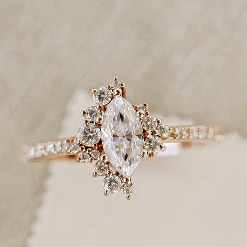 Marquise Diamond Unique Engagement Ring 14K Rose Gold Vintage - Etsy
