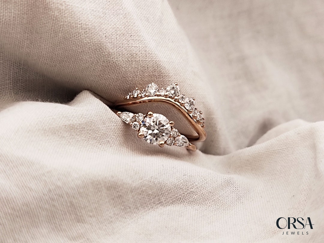 Vintage Round Lab Grown Diamond Wedding Ring Set | Solid Gold Stacking ...