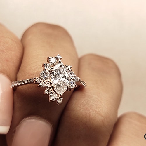 Marquise Diamond Unique Engagement Ring 14K Rose Gold Vintage - Etsy