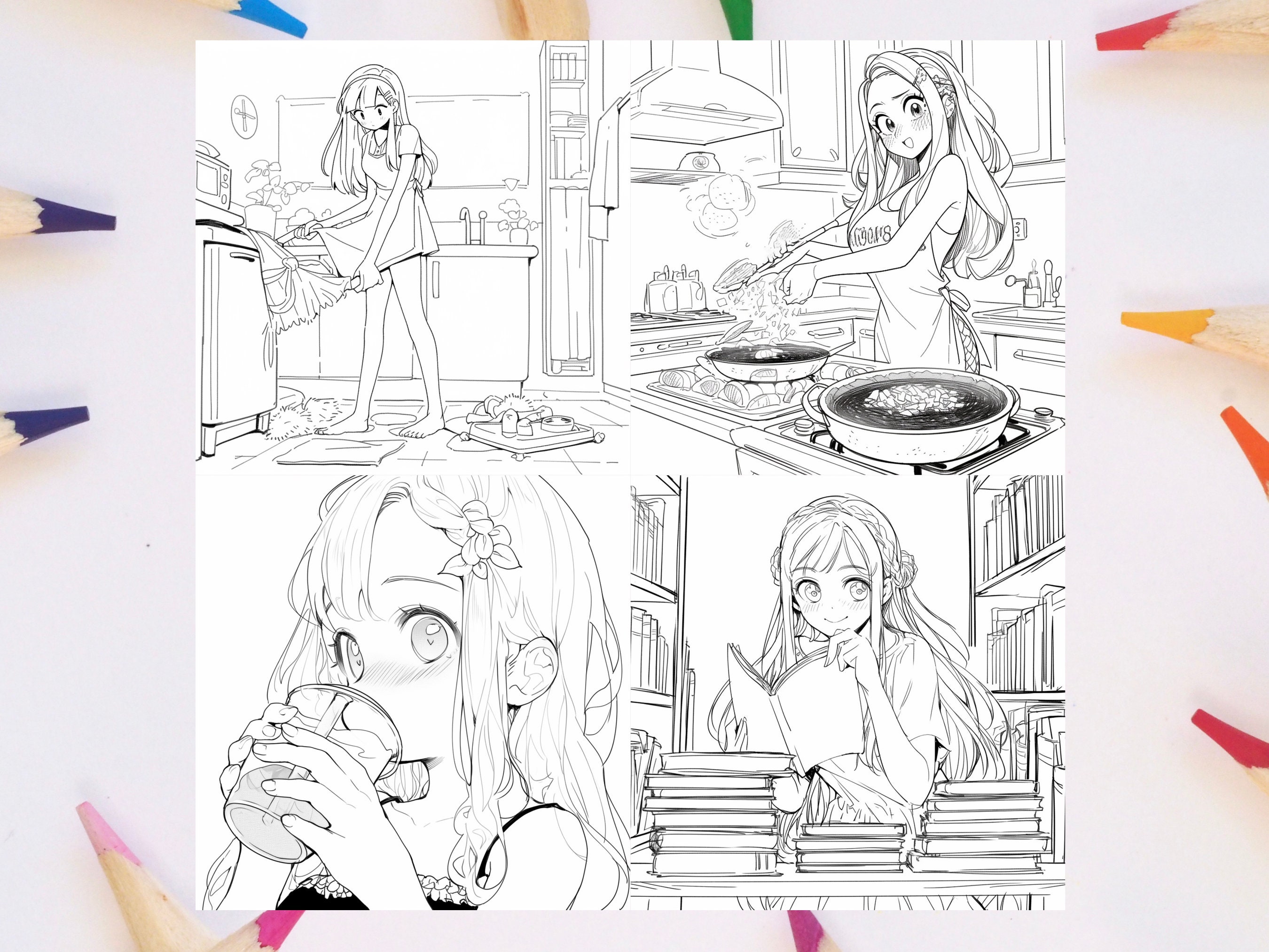 Cute and Kawaii Everyday Anime Girl Coloring Pages for Relaxation and ...