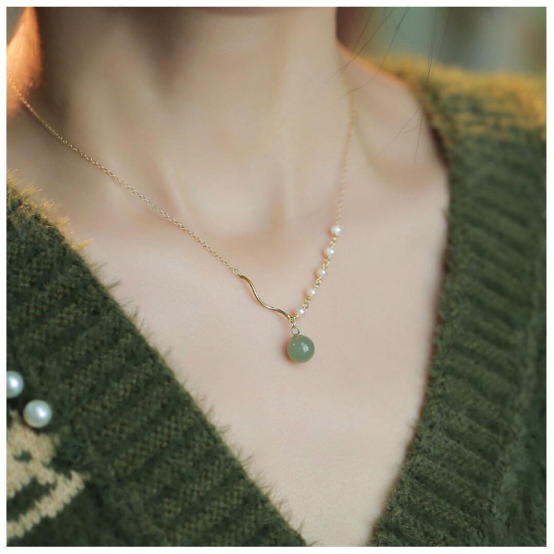 Jade Pearl Necklace, Vintage Natural Hetian Jade Pearl Gold Chain ...