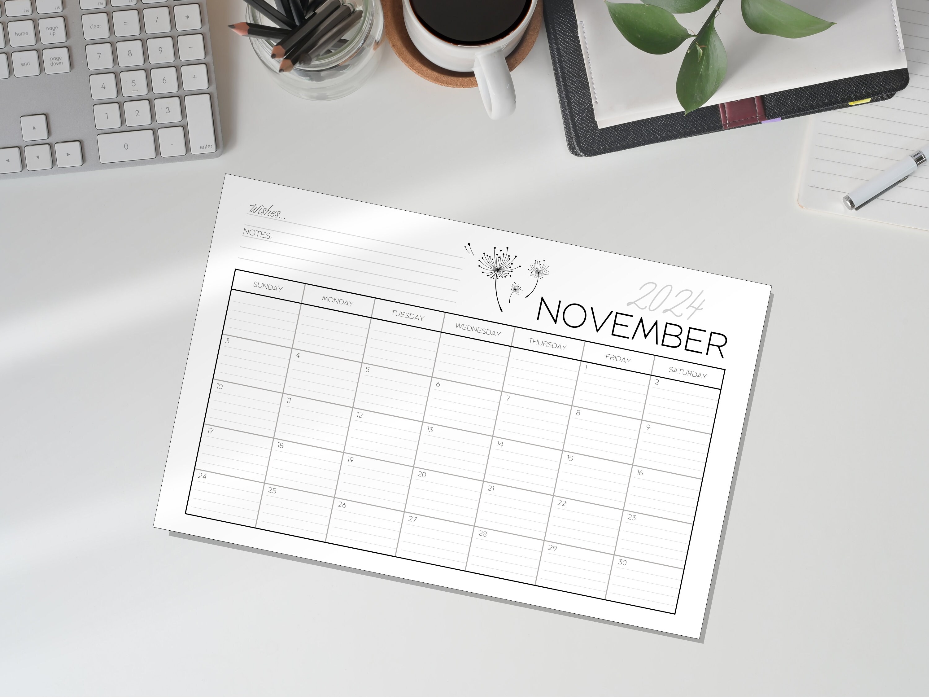 2024 Minimalist BLACK & WHITE CALENDAR Dandelion Wishes Theme - Etsy