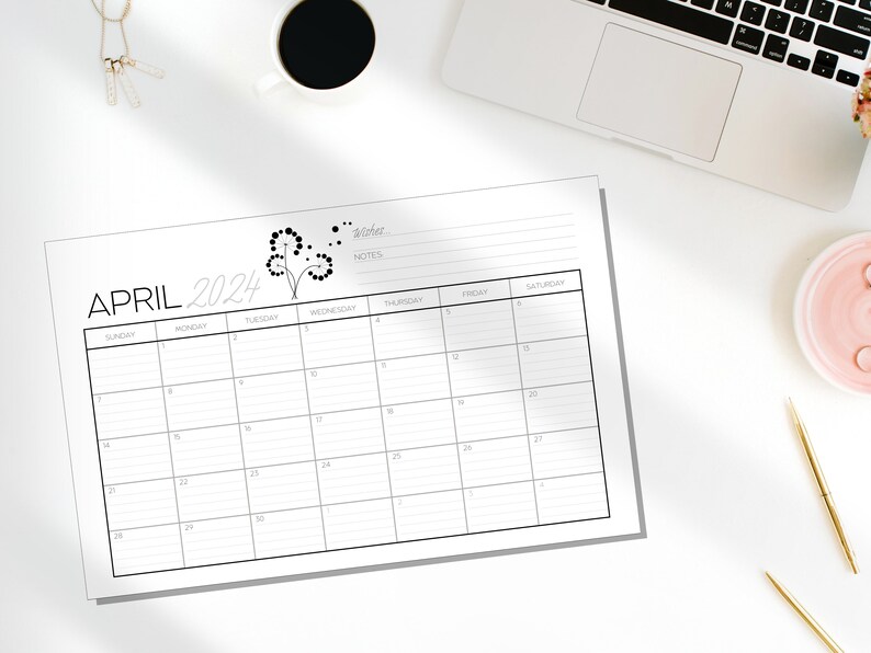 2024 Minimalist BLACK & WHITE CALENDAR Dandelion Wishes Theme - Etsy