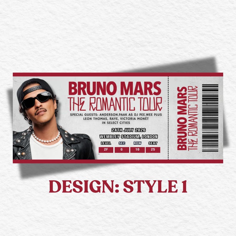 Bruno Mars Concert Ticket, Romantic Tour Keepsake, Custom Date ...