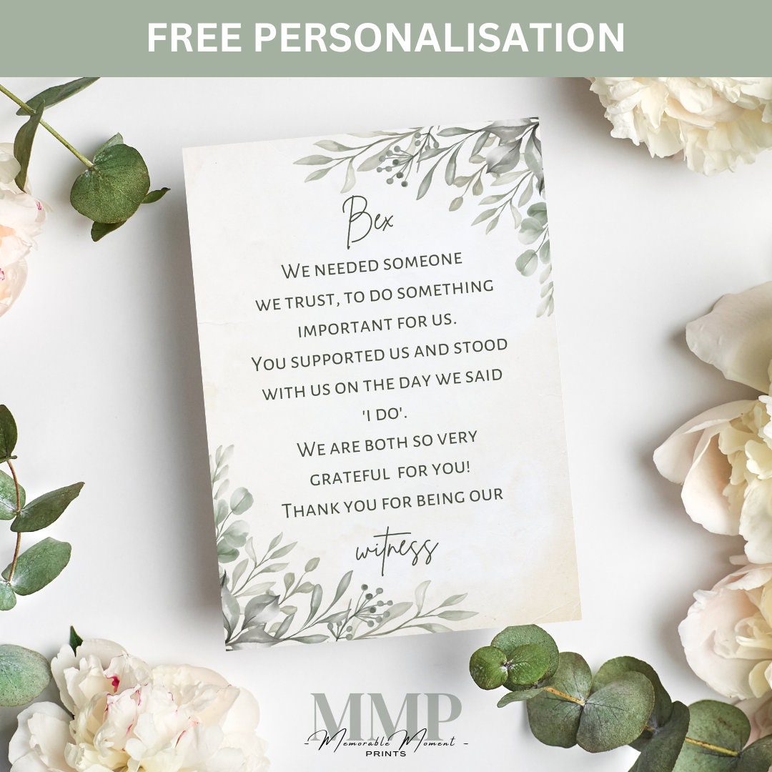 Thank You for Being Our Witness Card, Wedding Witness Thank You Card ...