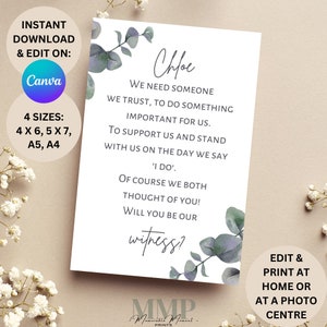Will You Be Our Witness Card Print, Wedding Witness Proposal Card ...