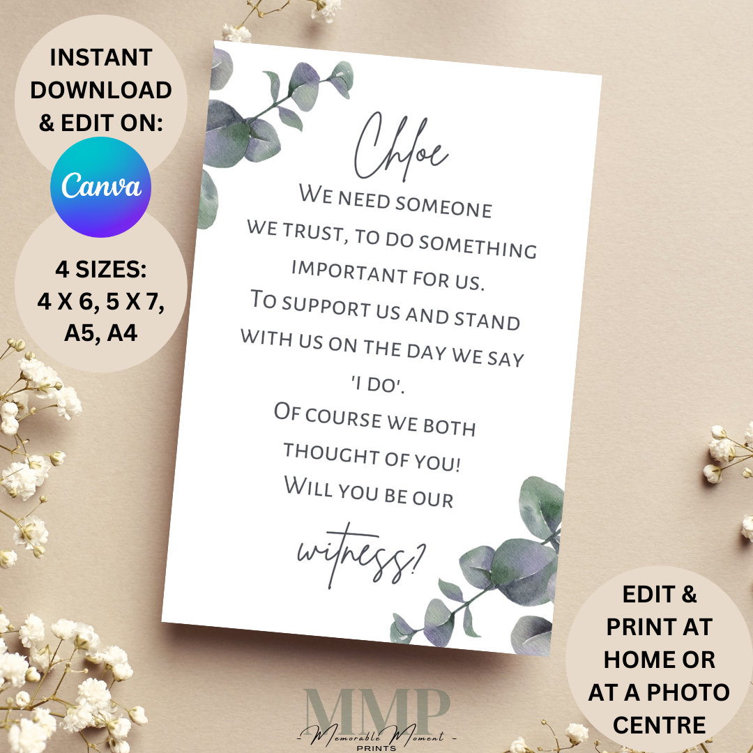 Will You Be Our Witness Card Print, Wedding Witness Proposal Card ...