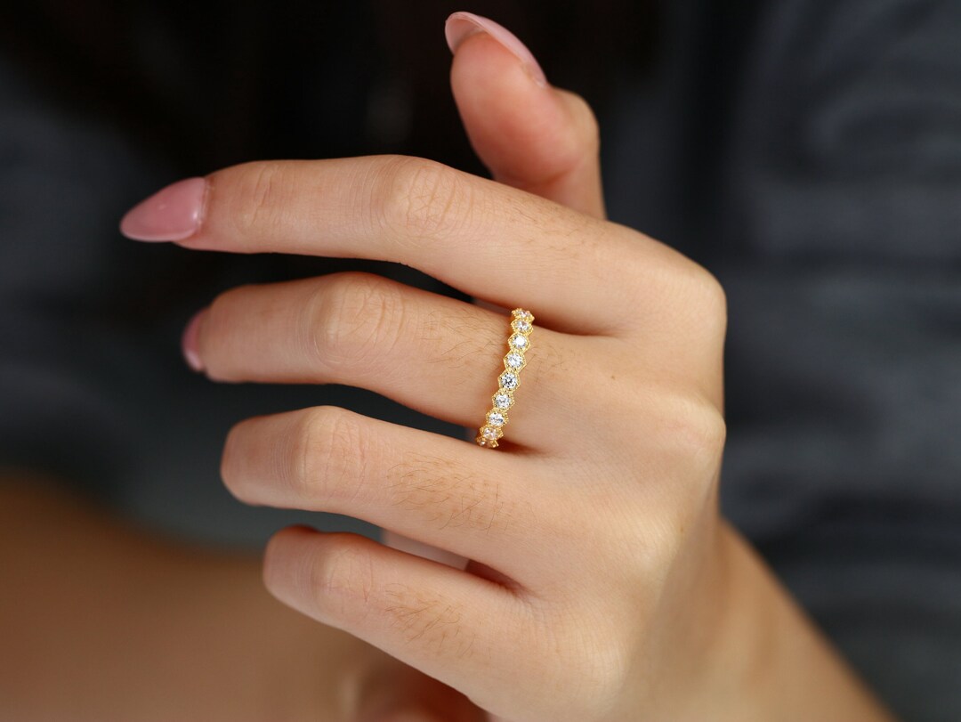 14K Gold Hexagon Ring, Pave Lab Diamond Ring, Solid Gold Wedding Ring ...