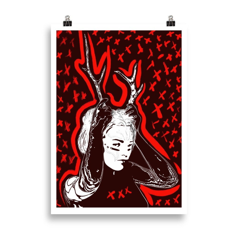 Woman With Horns Poster Demon Girl Art Print Female Goddess Gothic Mystic Picture Occult Witch ...