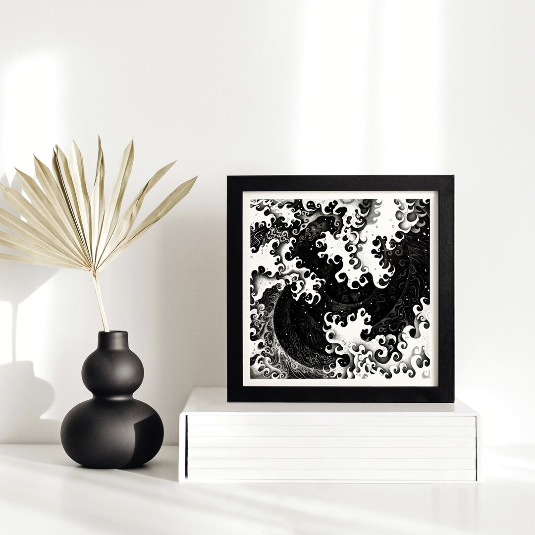 Framed Print Kanagawa Wave Wall Style Poster Ink Art Handdrawn ...